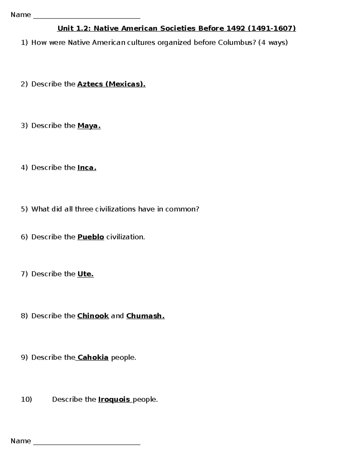 Heimler Unit 1: Native American Societies & European Exploration - Studocu