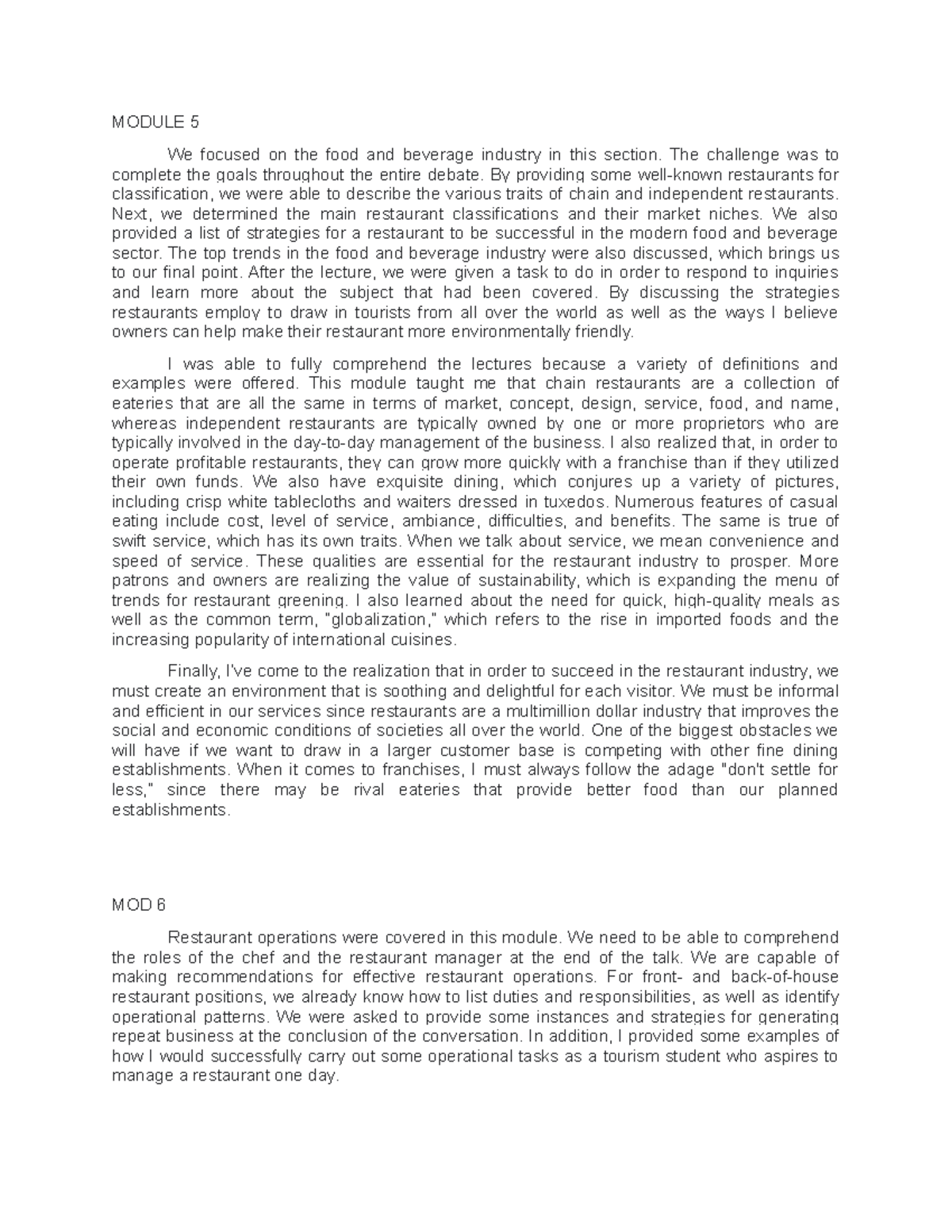 Narrative Report on Food & Beverage Industry - Module 5, 6, & 7 - Studocu