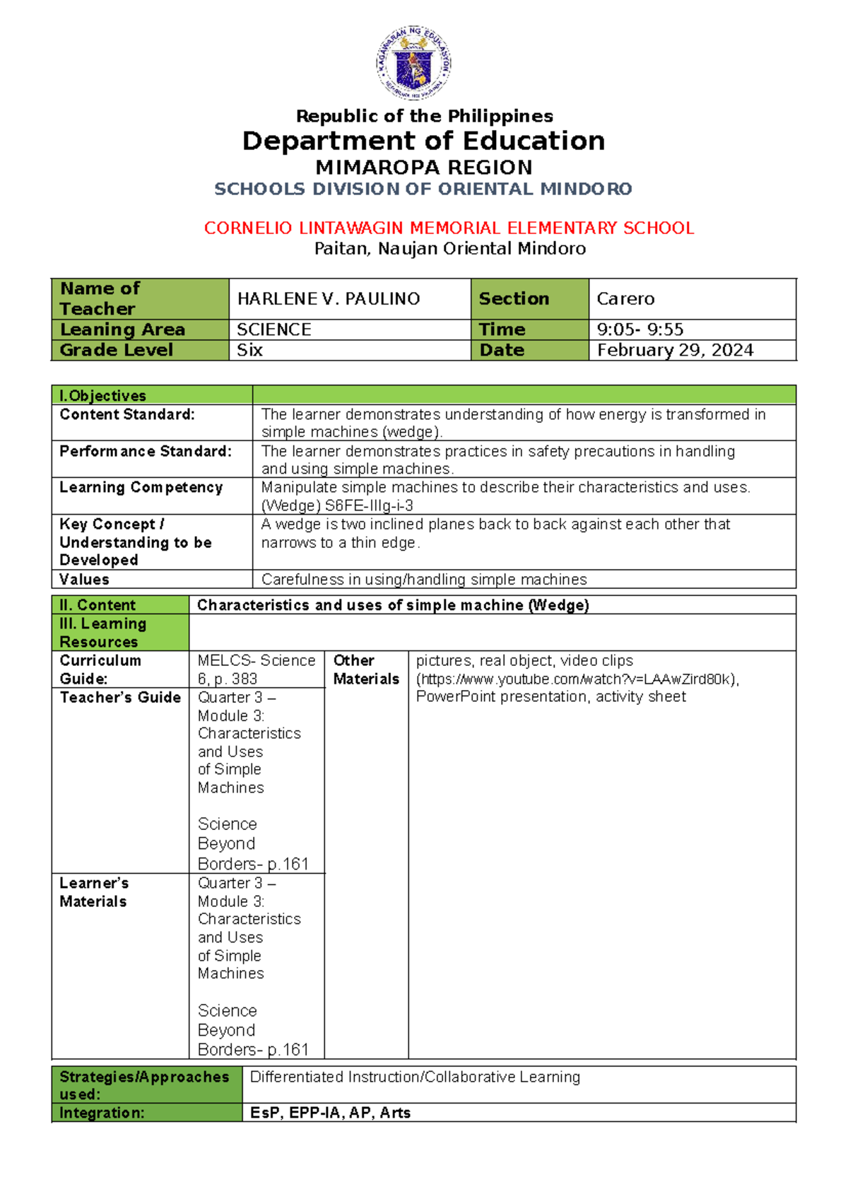 Q3 COT Science 6: Understanding Wedges and Their Uses - Studocu
