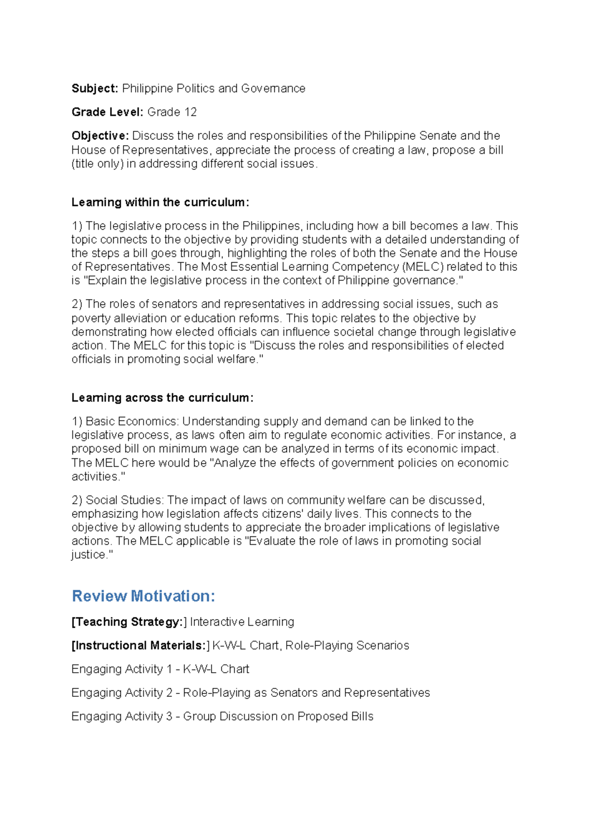 Lesson Plan: Philippine Politics and Governance (Grade 12) - Studocu