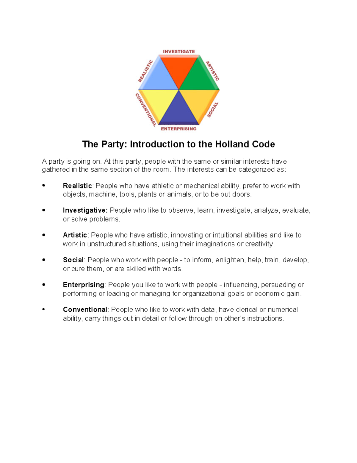The Party Introduction to the Holland Code - At this party, people with ...