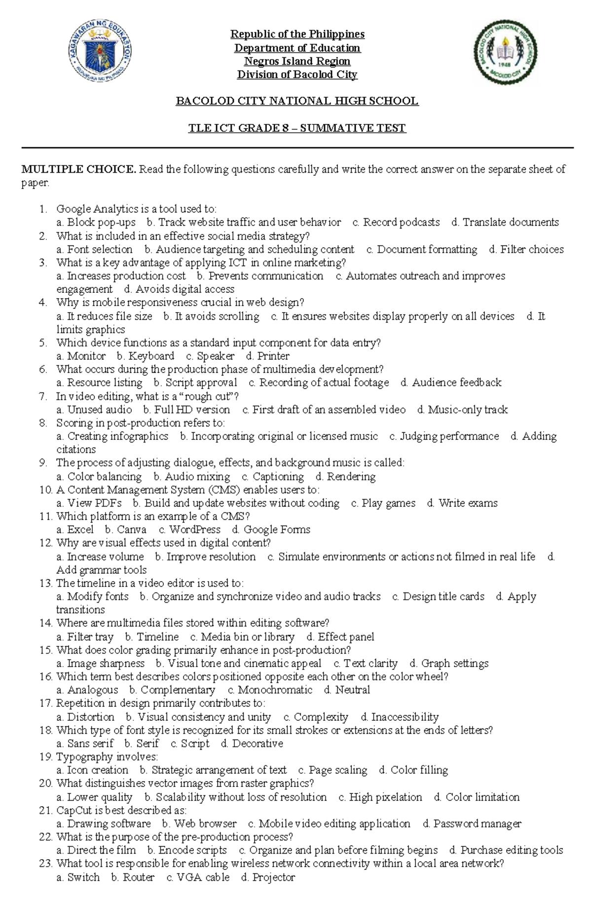 G8 ICT Summative Test: Multiple Choice Questions - Studocu