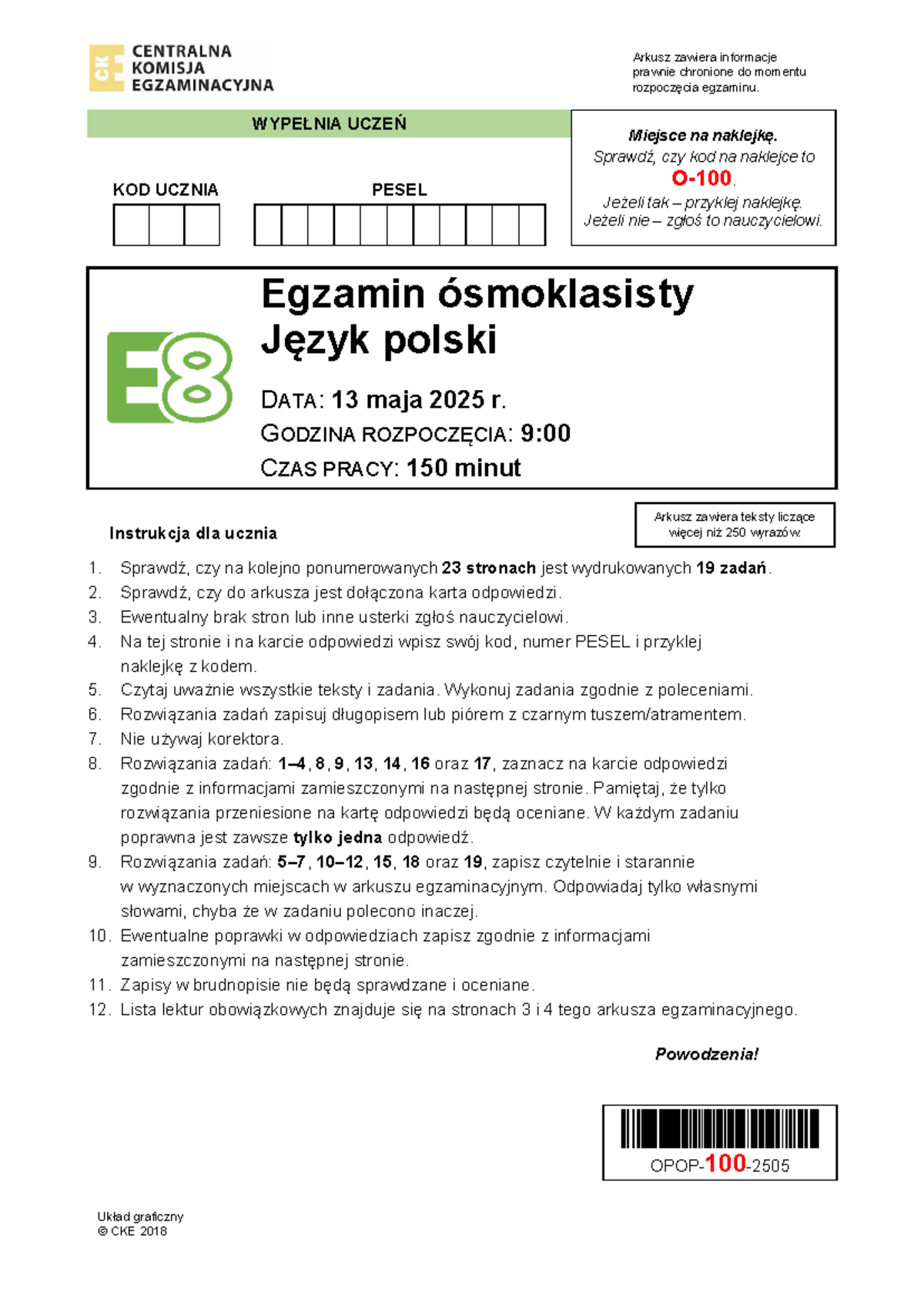 OPOP 100 Y 2505 Egzamin ósmoklasisty z Języka Polskiego - Arkusz zadań ...