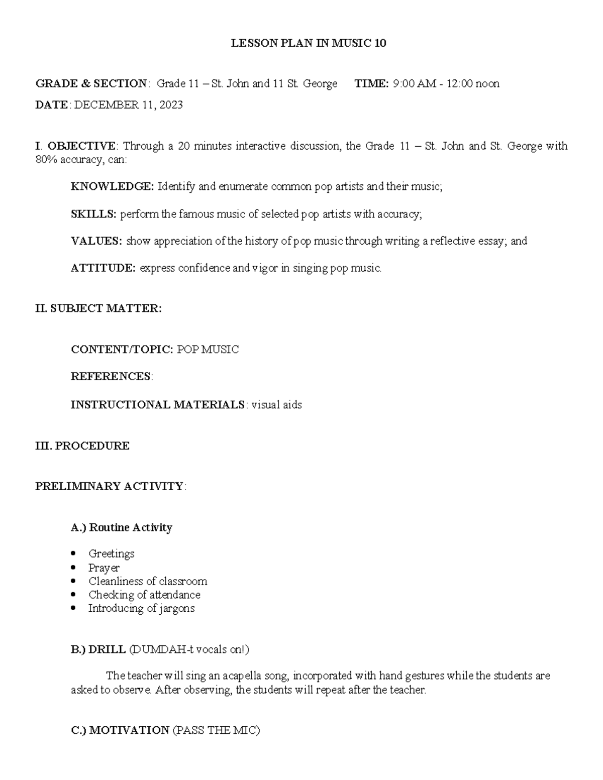 Lesson PLAN IN MusiC - LESSON PLAN IN MUSIC 10 GRADE & SECTION: Grade ...