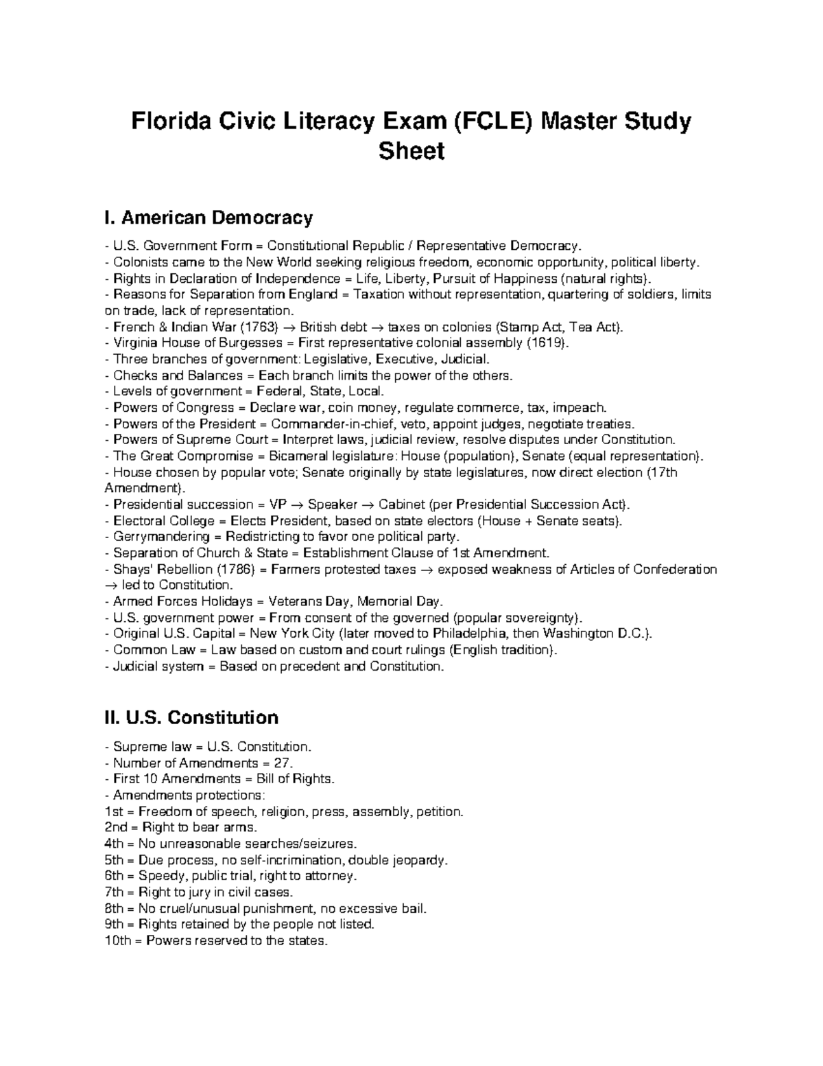 Florida Civic Literacy Exam (FCLE) Comprehensive Study Guide - Studocu
