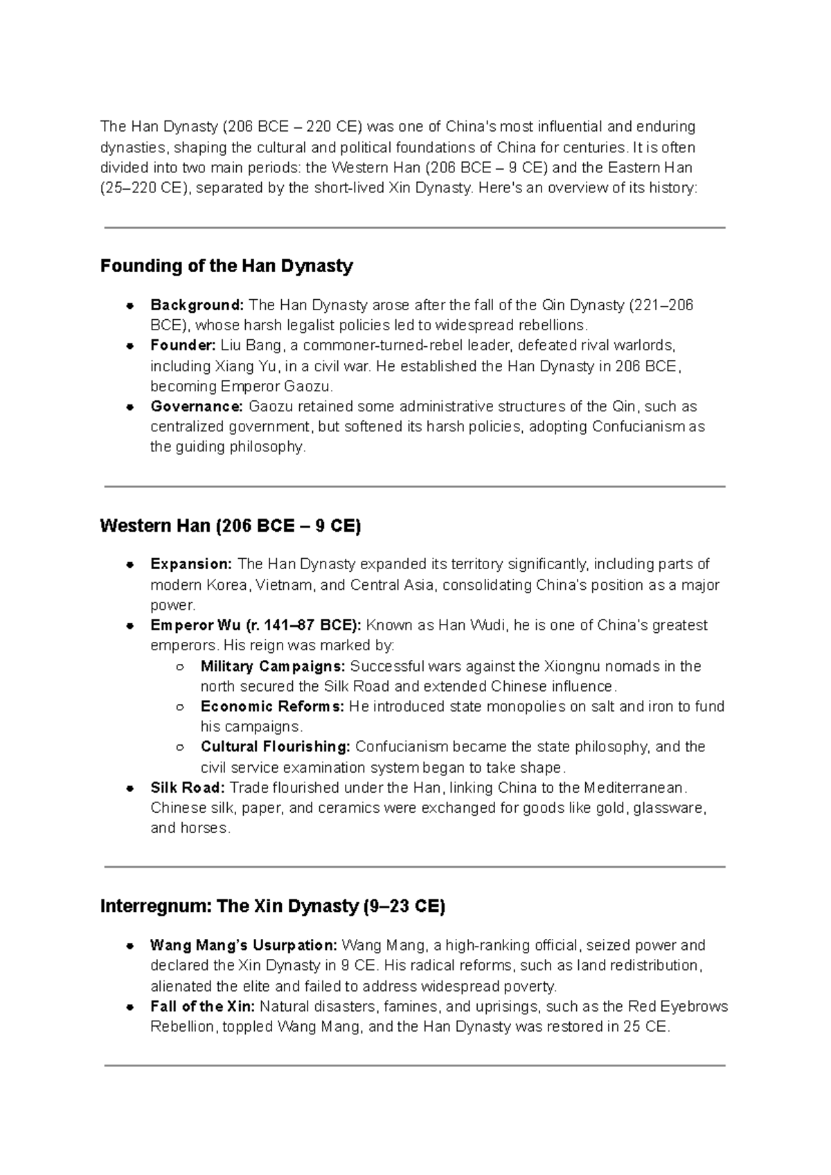 History of Han Dynasty - The Han Dynasty (206 BCE – 220 CE) was one of ...