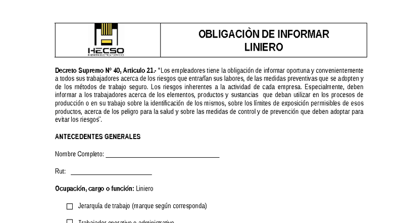 OBLIGACIÓN DE INFORMAR LINIERO: RIESGOS Y MEDIDAS DE PREVENCIÓN - Studocu