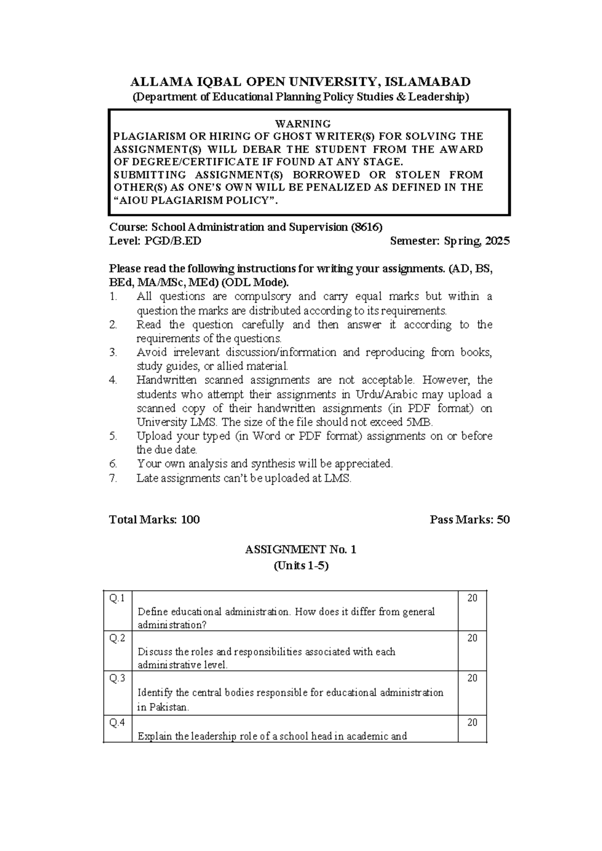 Guidelines for Assignment Writing in School Administration (8616) - Studocu