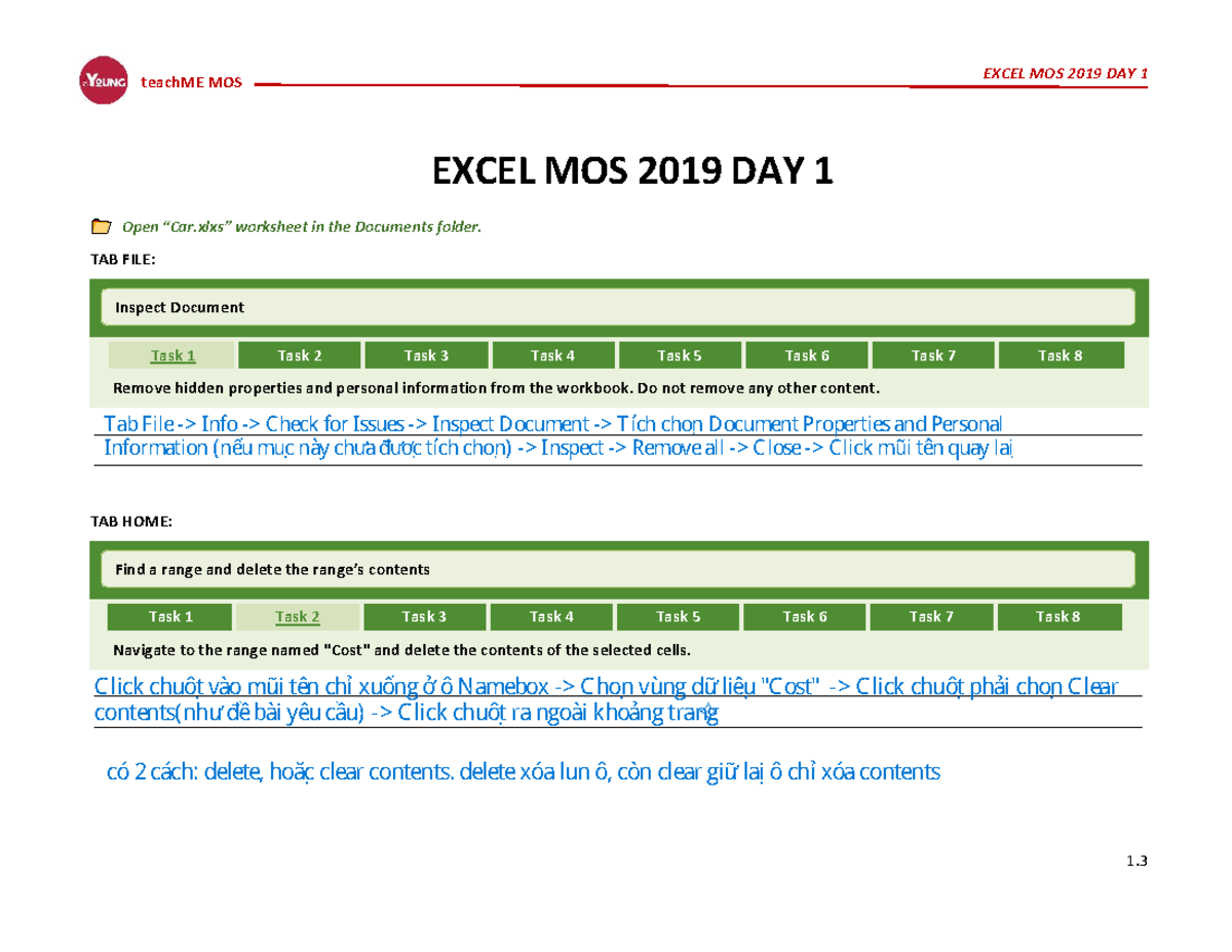 EXCEL MOS 2019 DAY 1: Essential Tasks and Techniques - Studocu