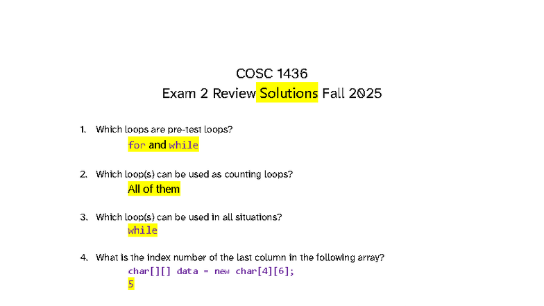 COSC 1436 Fall 2025 Exam 2 Review Solutions - Studocu