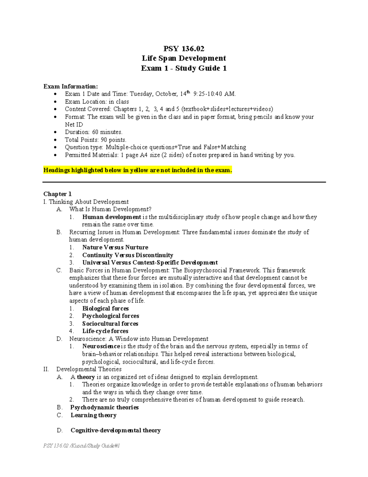 PSY 136.02 Life Span Development Exam 1 Comprehensive Study Guide - Studocu