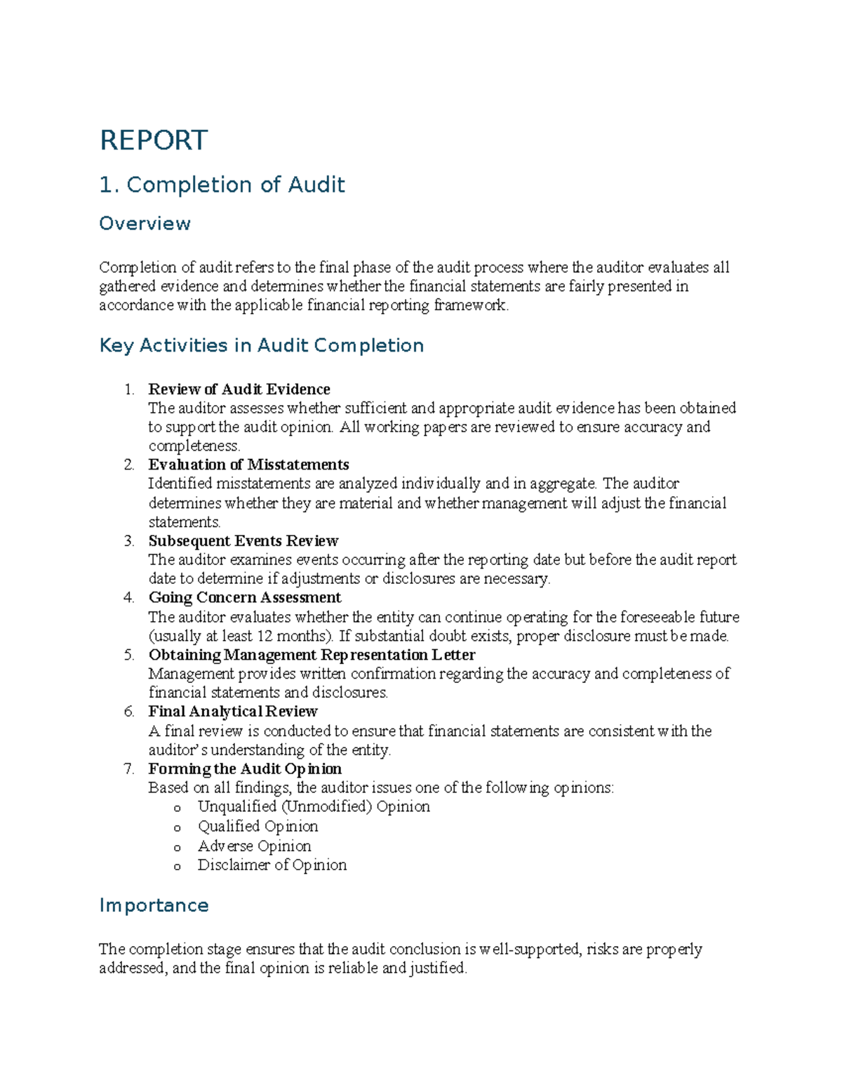 REPORT 1: Completion of Audit & Analytical Procedures Overview - Studocu
