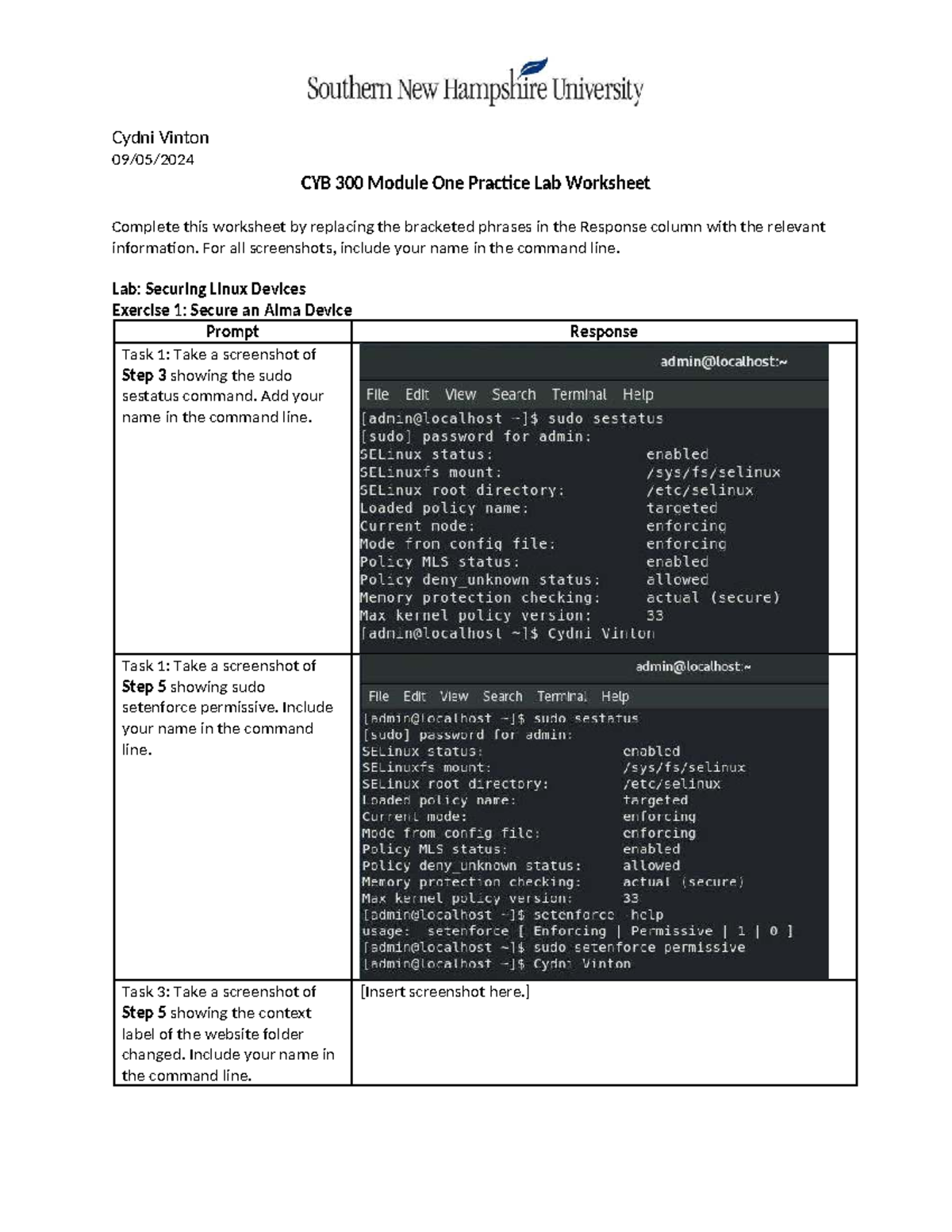 CYB 300 Module One Worksheet Cydni Vinton - Cydni Vinton 09/05/ CYB 300 ...