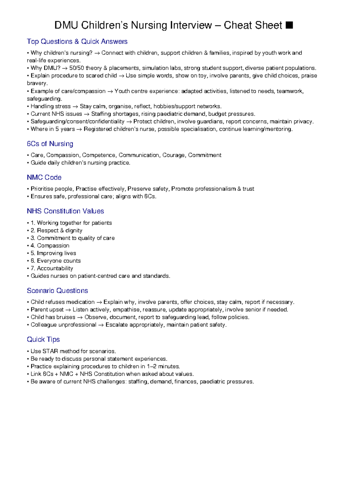 DMU Child Nursing Interview Cheat Sheet: Key Questions & Answers - Studocu