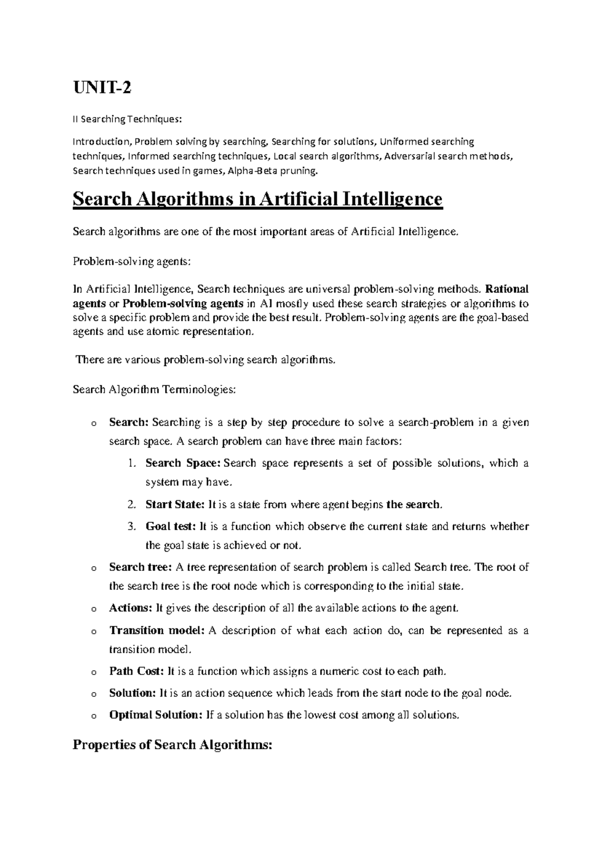 AI Unit 2: Searching Techniques and Algorithms Explained - Studocu