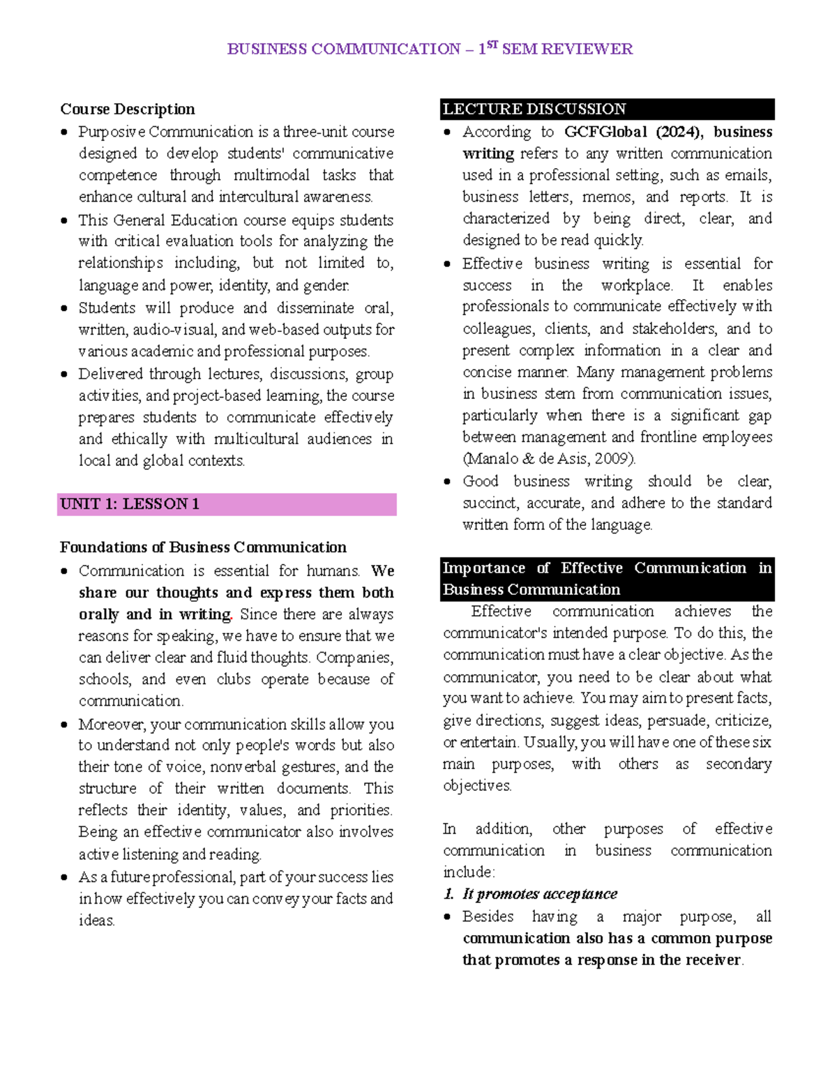 BUSINESS COMMUNICATION 1ST SEMESTER REVIEWER: Key Concepts and Skills ...