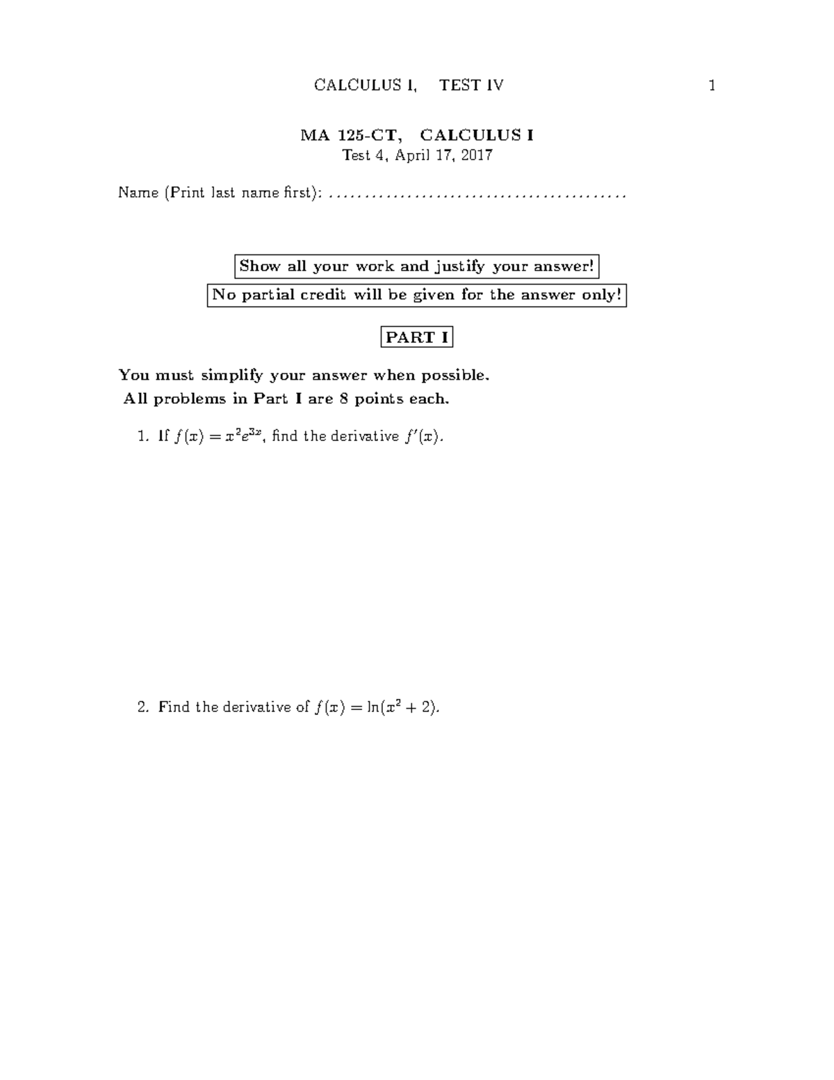 MA125 T4, Calculus I Test IV Practice Resources - Studocu