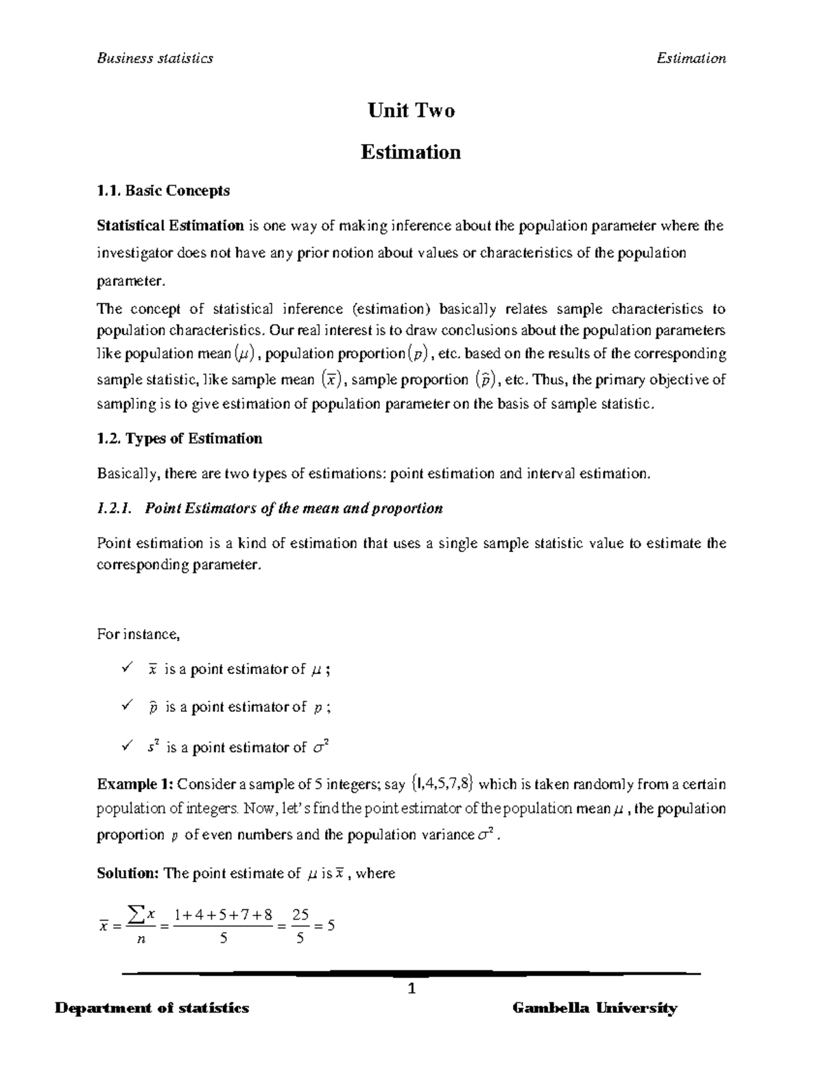 Business Statistics (BUS 101): Estimation Concepts and Techniques - Studocu