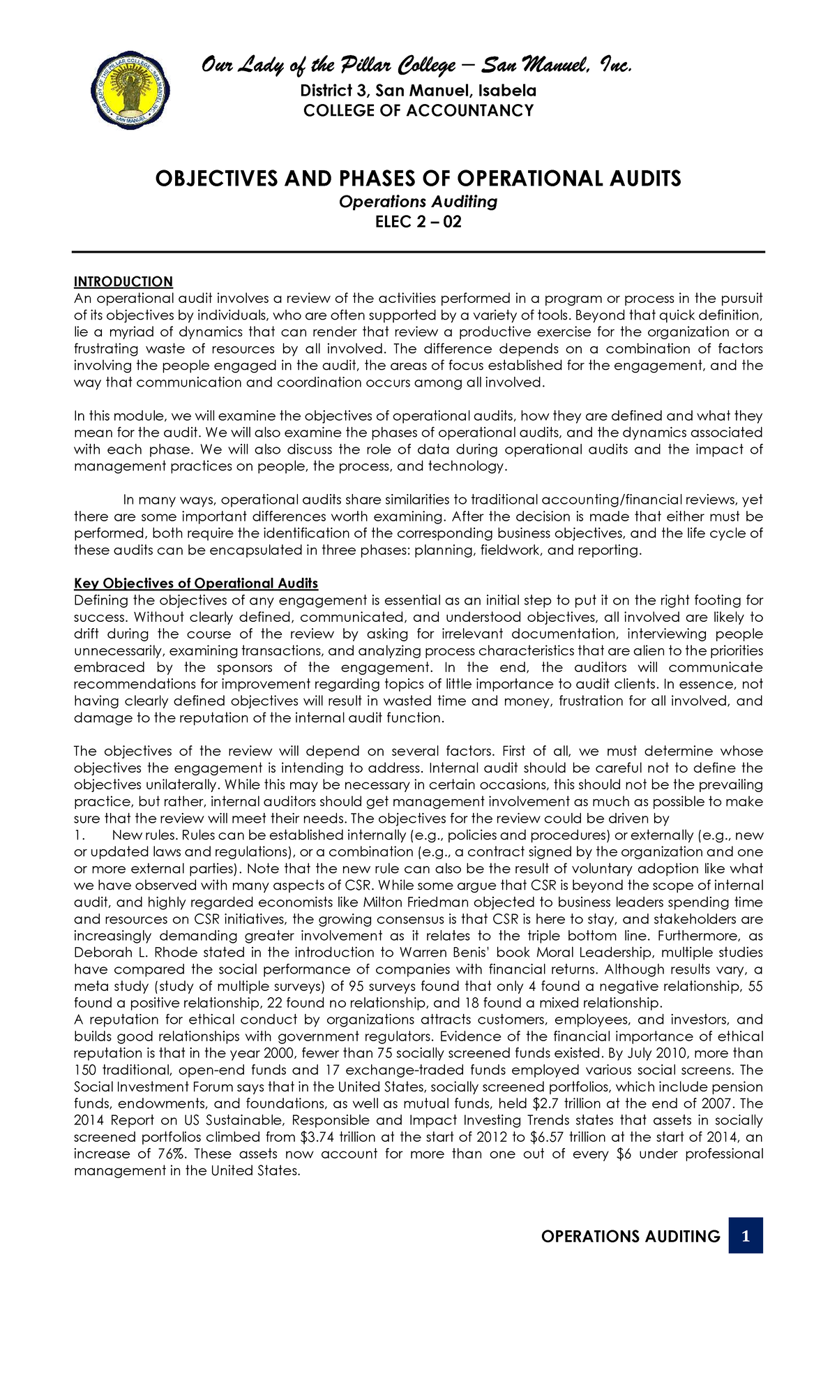 Module-2 Objectives-and-Phases-of-Operational-Audits - Our Lady of the ...