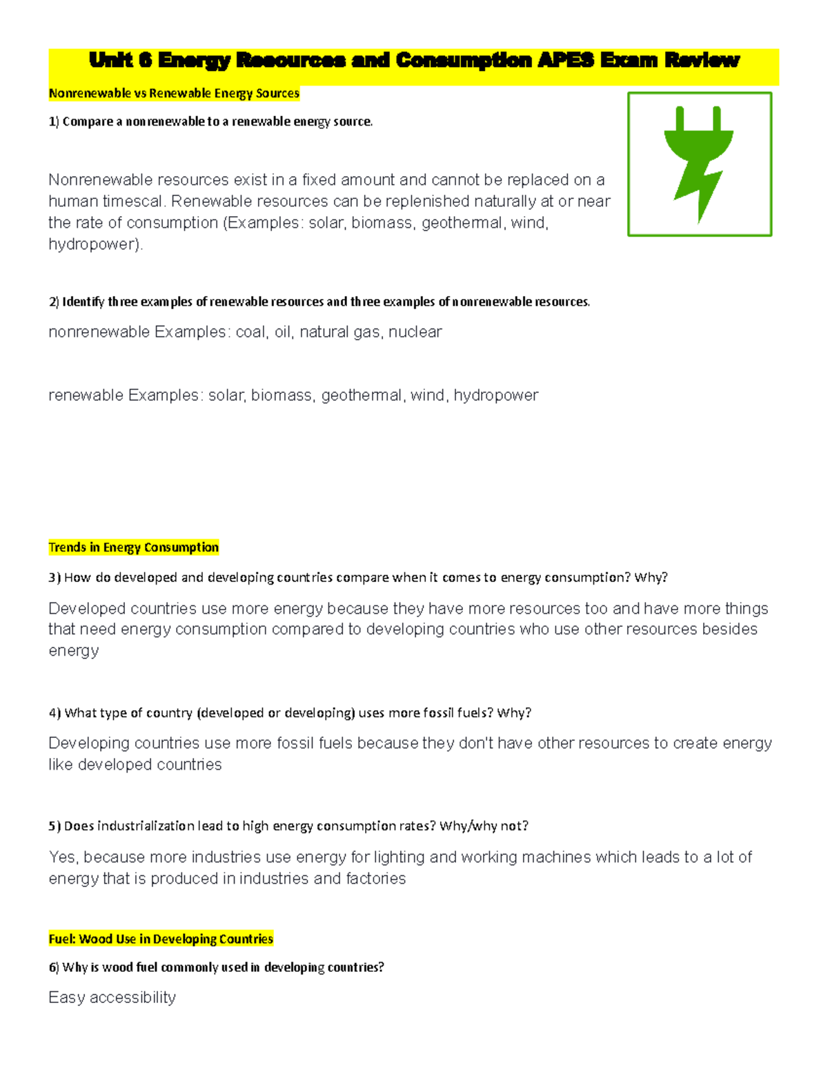APES Unit 6 Review: Energy Resources and Consumption Exam Prep - Studocu