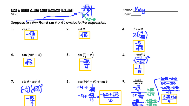 Unit 6 Right Triangle Trig Quiz Review KEY - Studocu