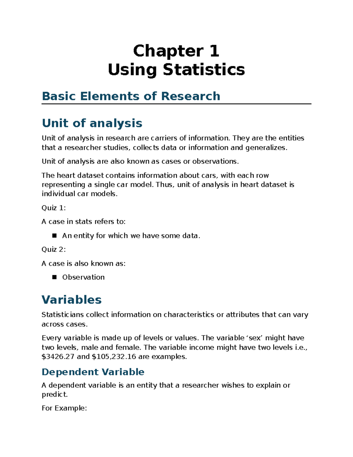 Chapter 1 - Chapter 1 Using Statistics Basic Elements of Research Unit ...