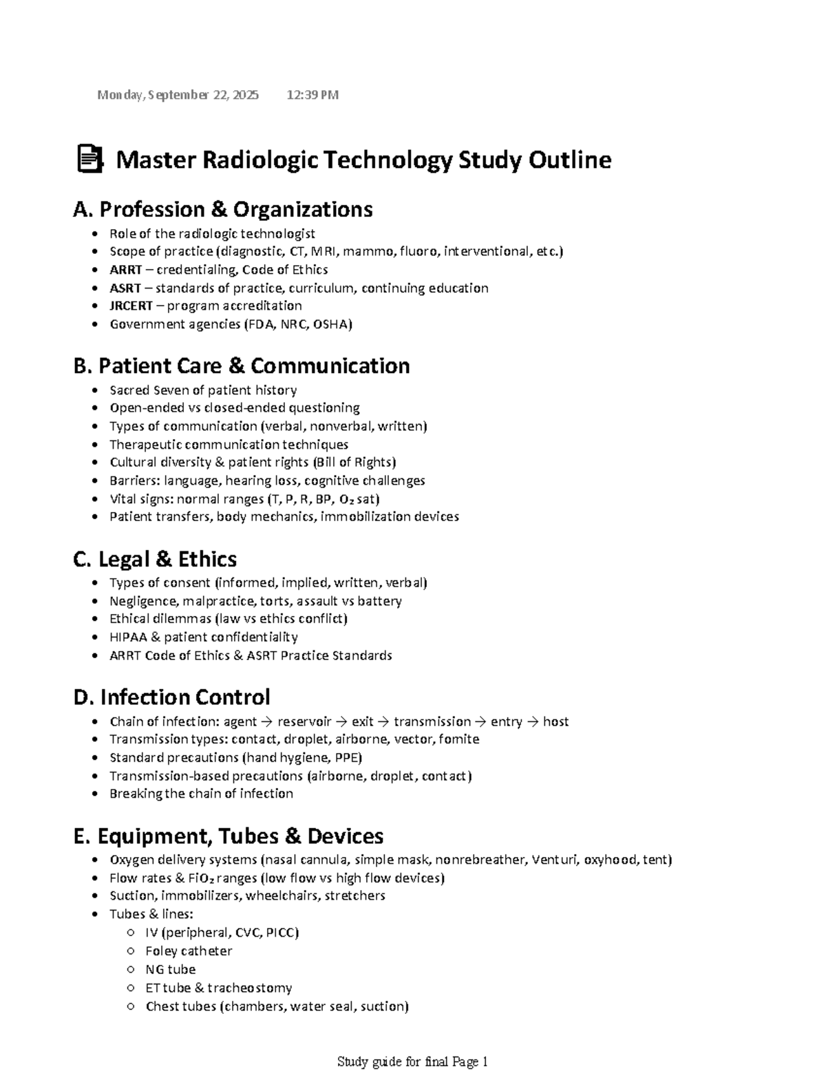Master Radiologic Technology Study Outline for Final Exam - Studocu