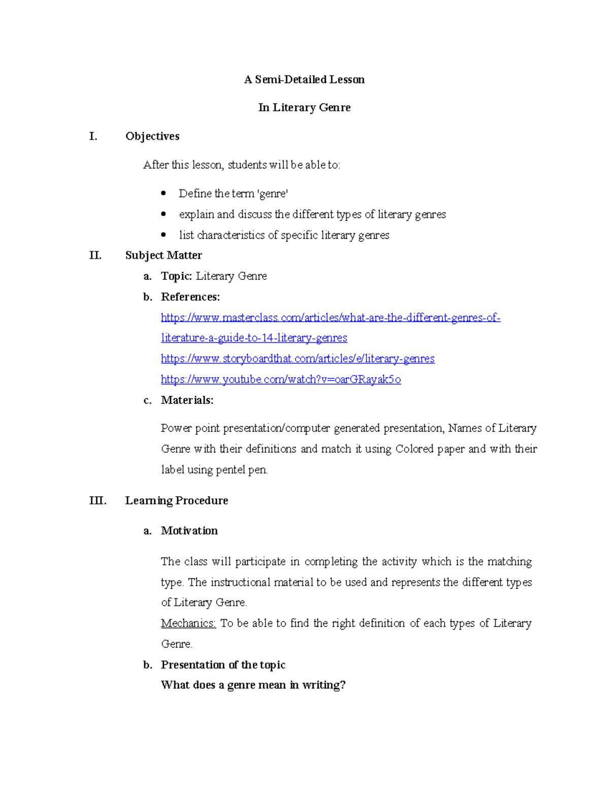 OSLEA: Semi-Detailed Lesson Plan on Literary Genres - Studocu