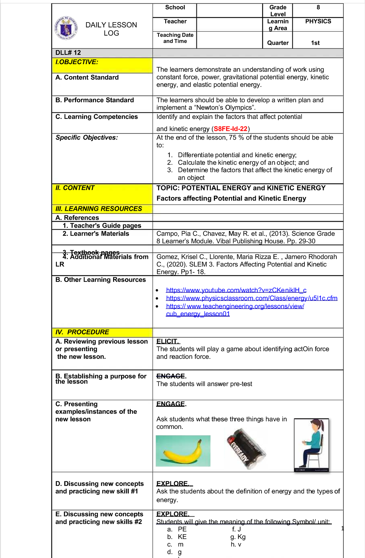 8 PHYSICS Lesson Plan: Potential and Kinetic Energy Factors - Studocu