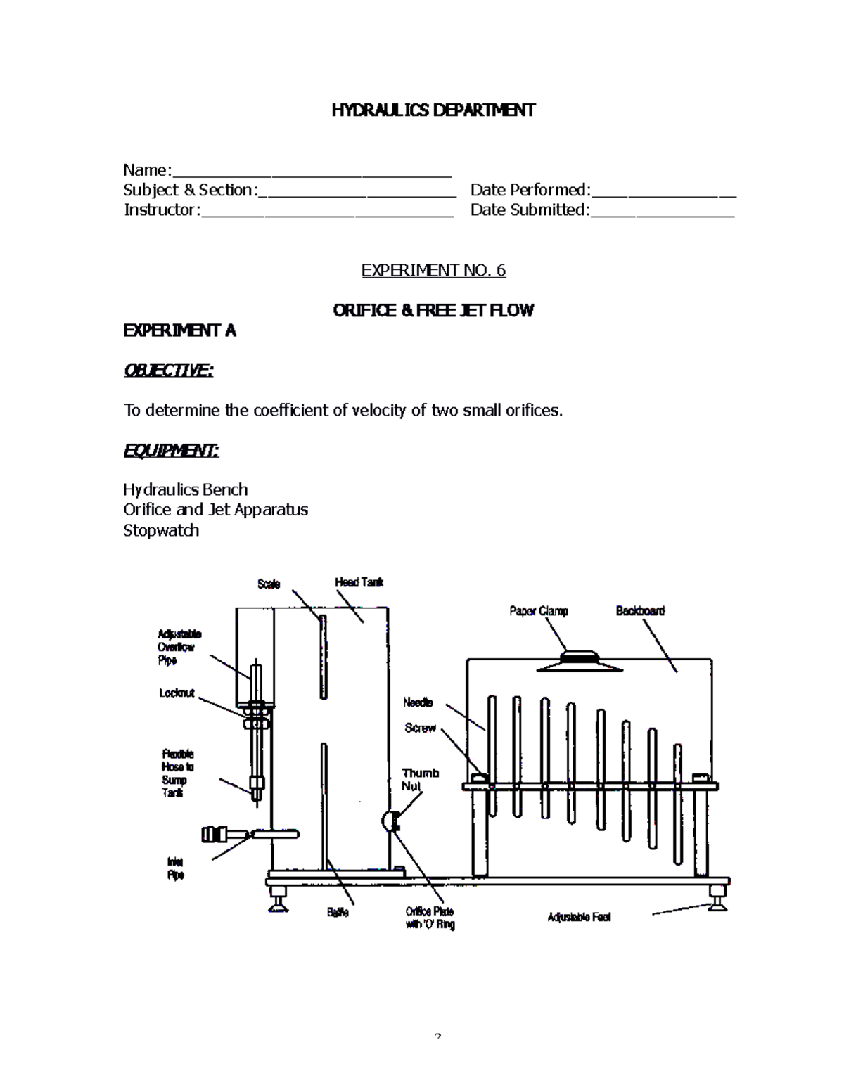 10 06 Experiment 6 Orifice AND FREE JET FLOW 30 38 - HYDRAULICS ...