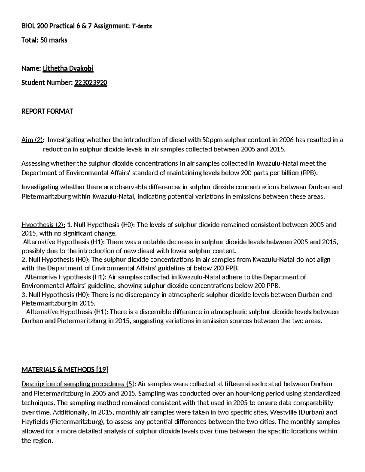 BIOL200 Prac 6 & 7: T-Test Analysis of Sulphur Dioxide Levels 2005-2015 ...