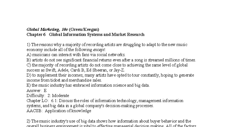Global Marketing, 10e Chapter 6: Test Bank on Global Info Systems ...