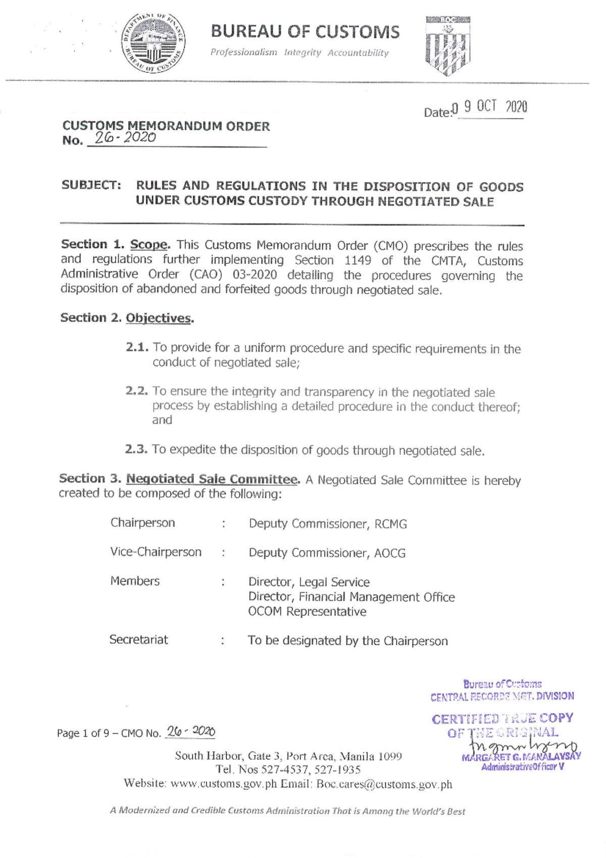BOC Customs CMO No. 26-2020: Rules for Negotiated Sale of Goods - Studocu