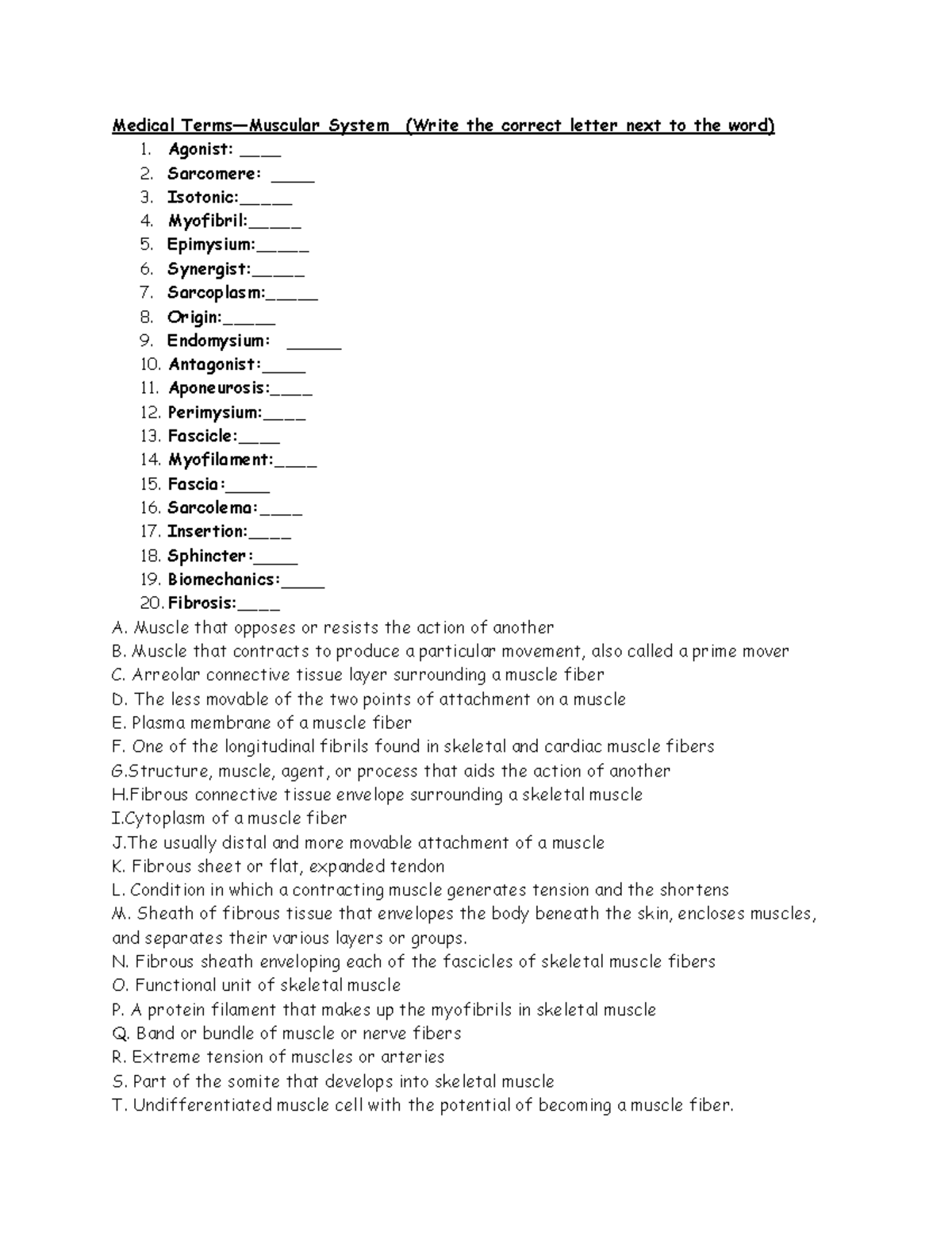 Medical Terms Quiz for Muscular System (Course Code TBD) - Medical ...