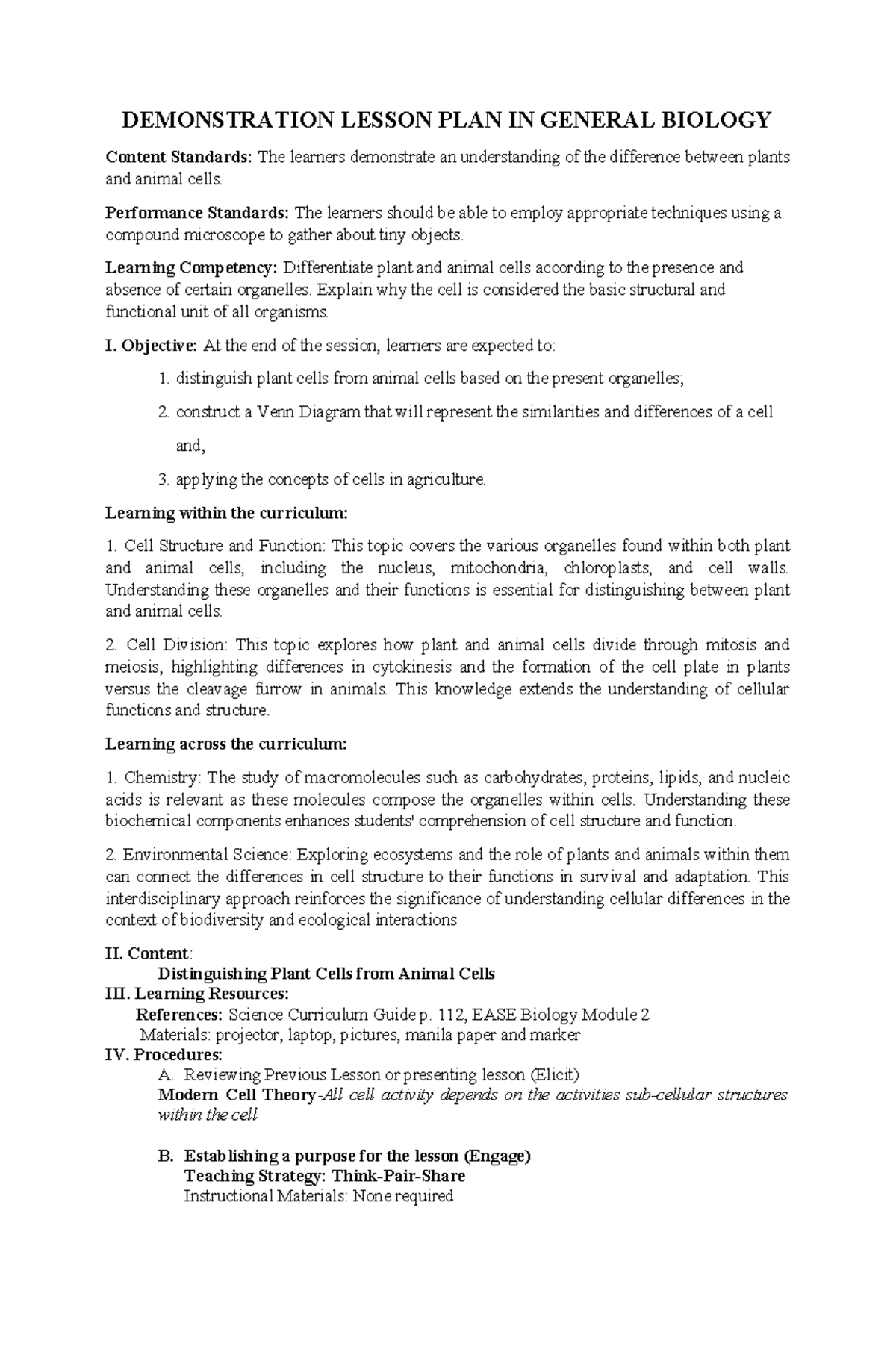 Demonstration Lesson PLAN IN General Biology - DEMONSTRATION LESSON ...