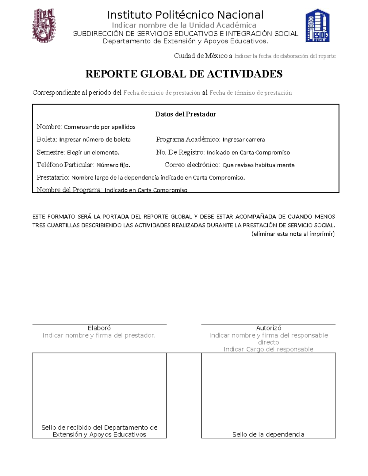 Reporte Global de Actividades de Servicio Social - IPN - Studocu
