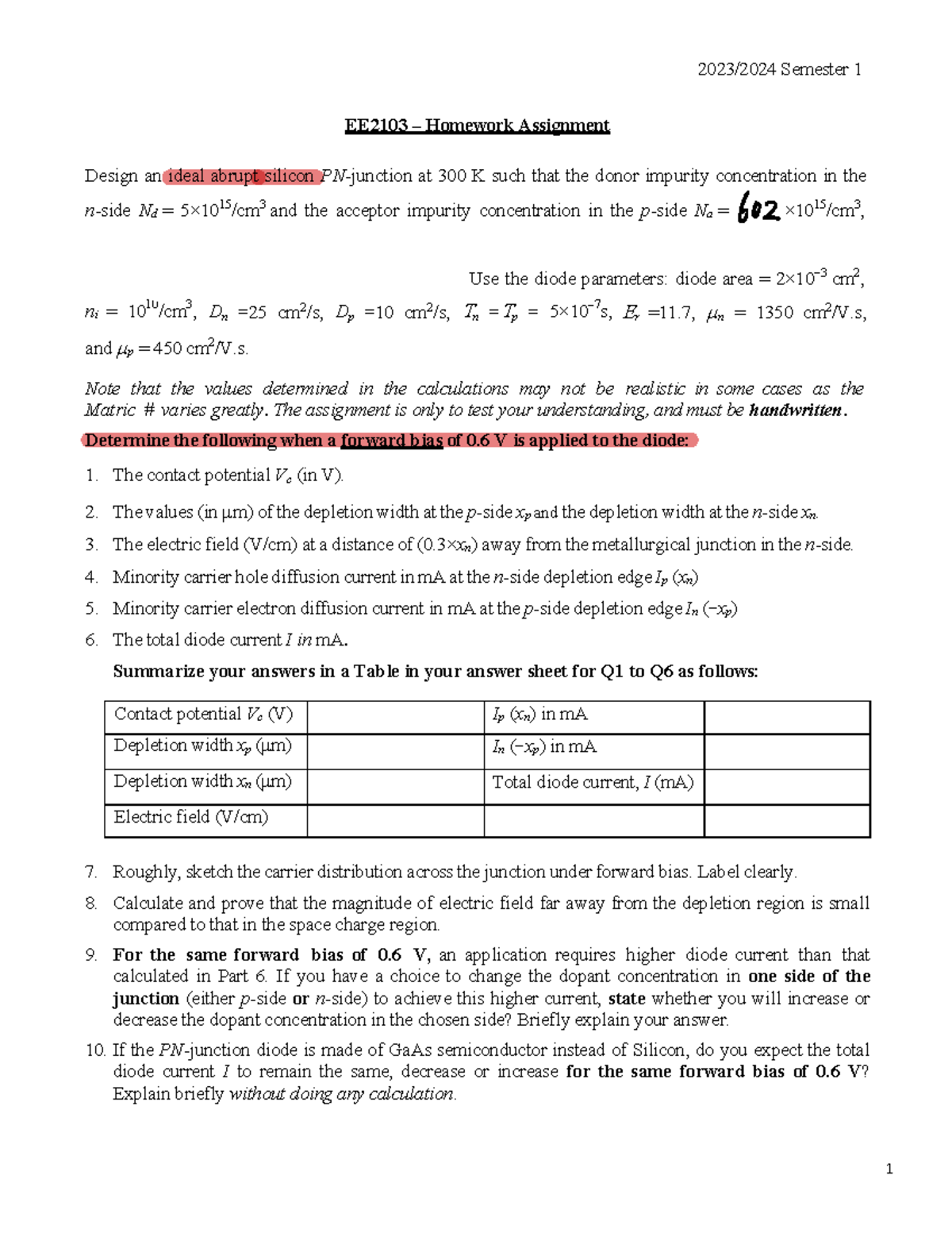 EE2103 Semester 1 Homework: Diode Design & Analysis Assignment - Studocu