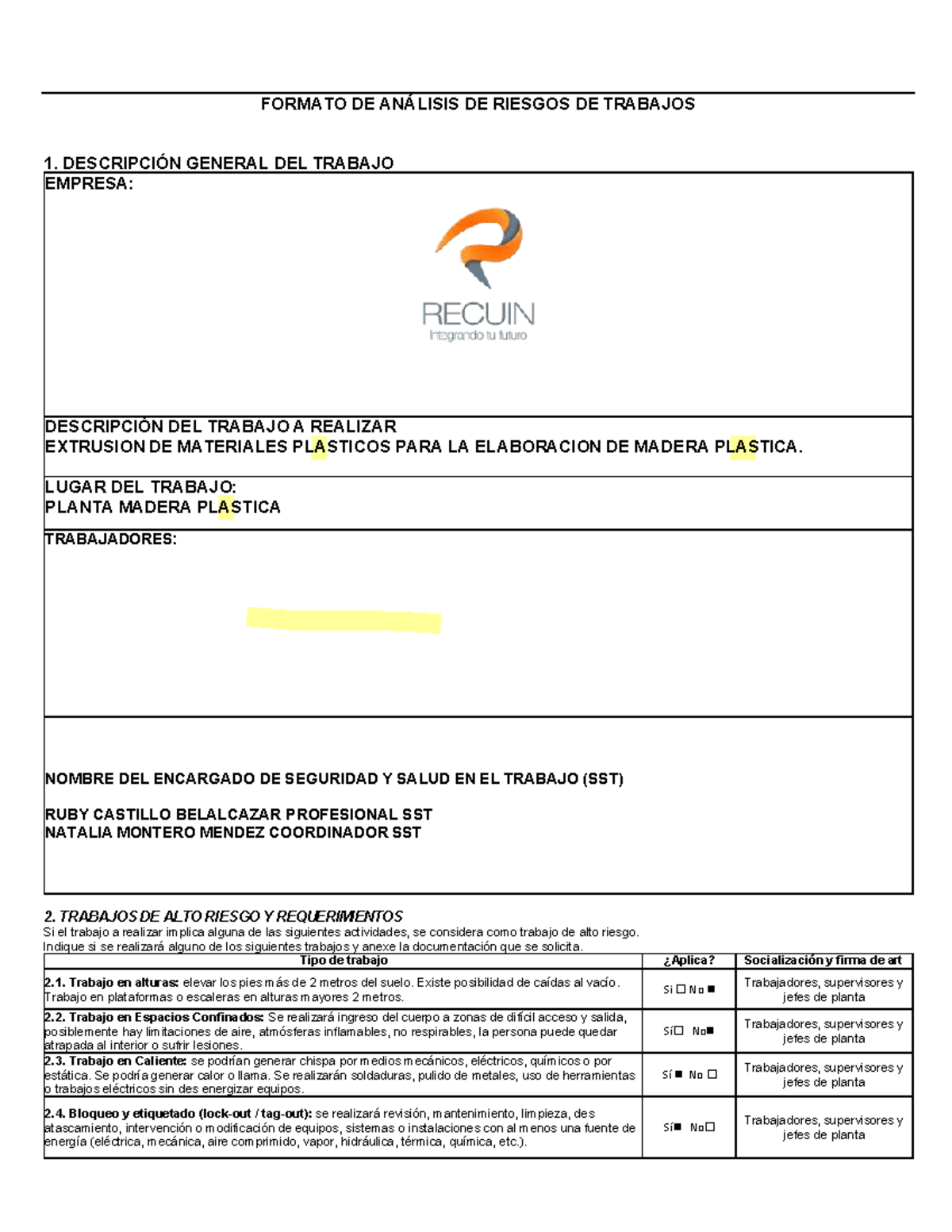 Formato de Análisis de Riesgos en Extrusión de Madera Plástica - ART ...