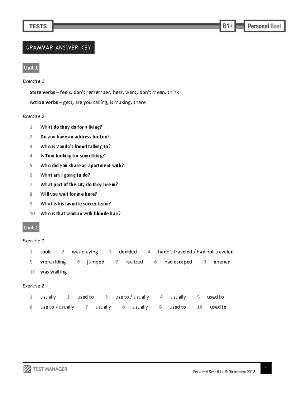 Personal Best B1 Grammar Tests Answer Key (Units 1-12) - Studocu
