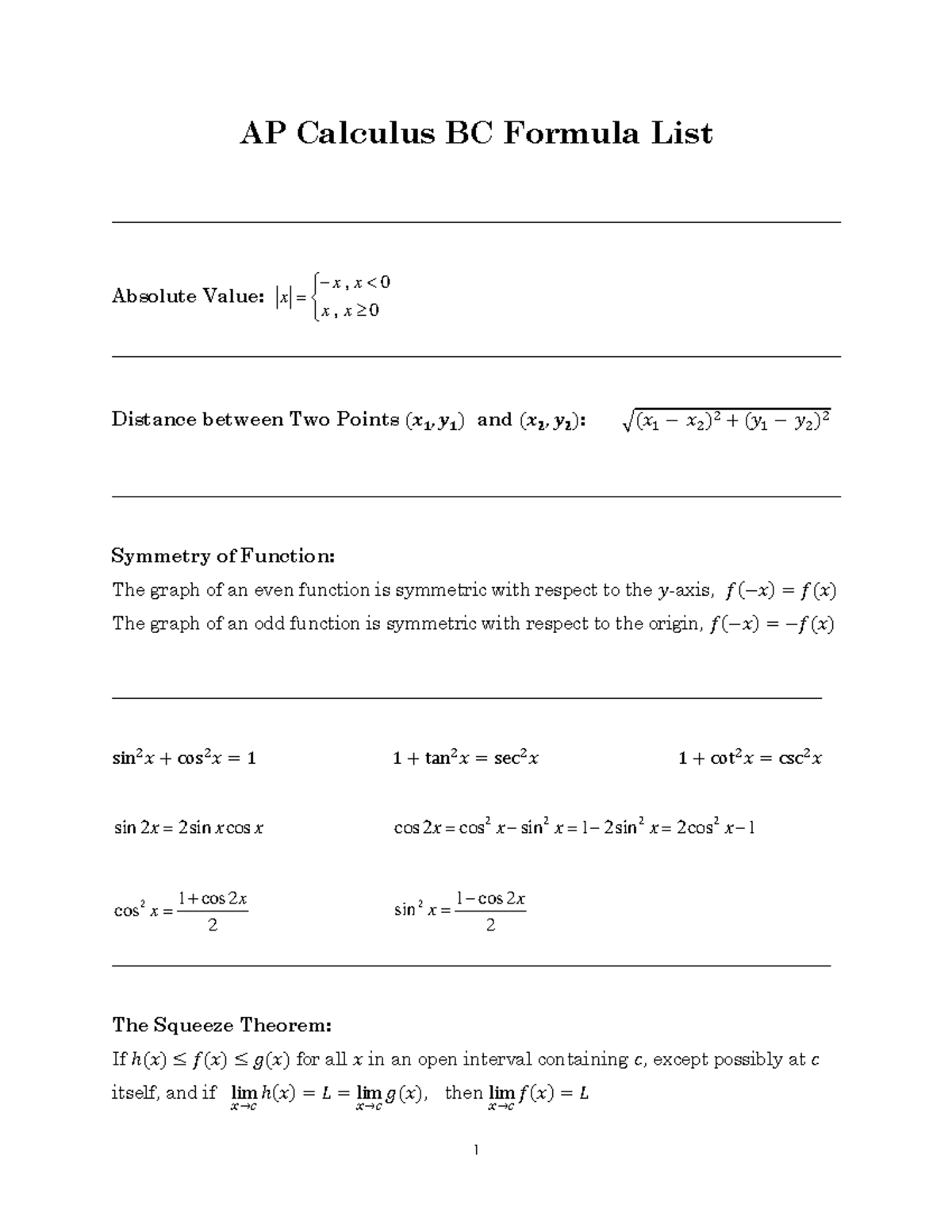 AP Calculus BC Formula List: Key Concepts and Theorems - Studocu