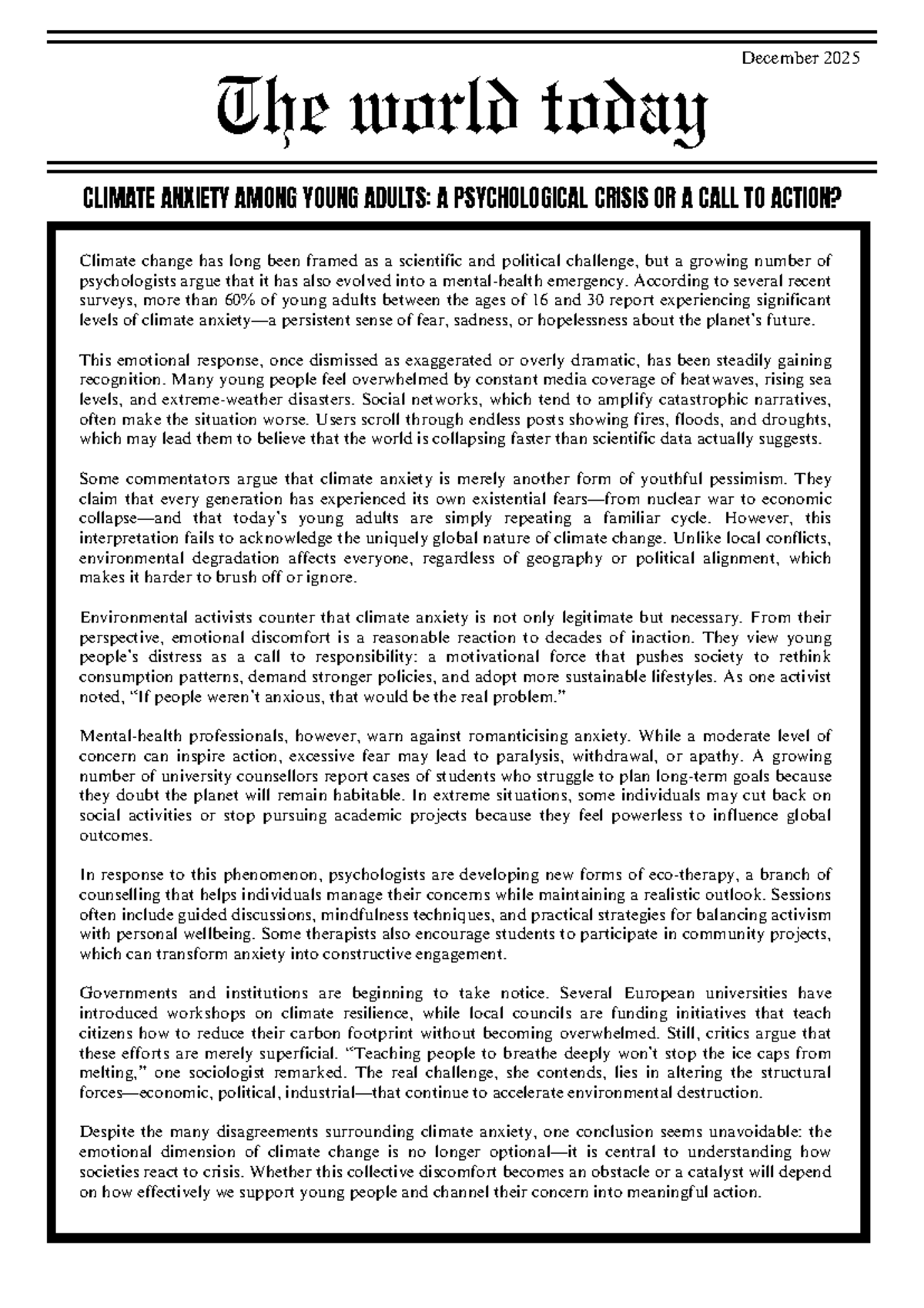 CLIMATE ANXIETY AMONG YOUNG ADULTS: A PSYCHOLOGICAL CRISIS? - Studocu