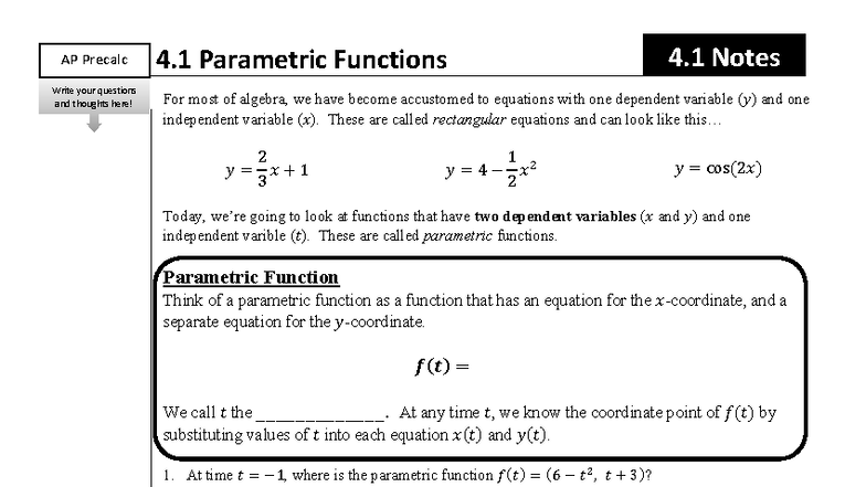 AP Precalc 4.1 Notes: Understanding Parametric Functions - Studocu