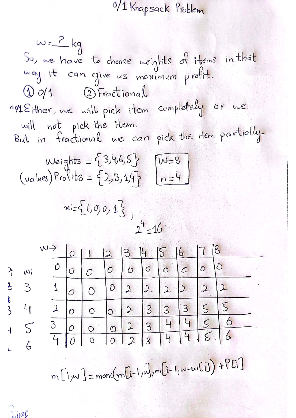 01 Knapsack - Algo notes from teacher assistant - Design and Analysis ...