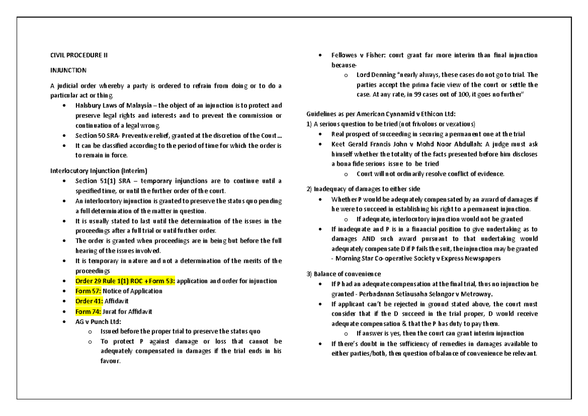 CIVIL PROCEDURE II: Comprehensive Notes on Injunctions and Their Types ...
