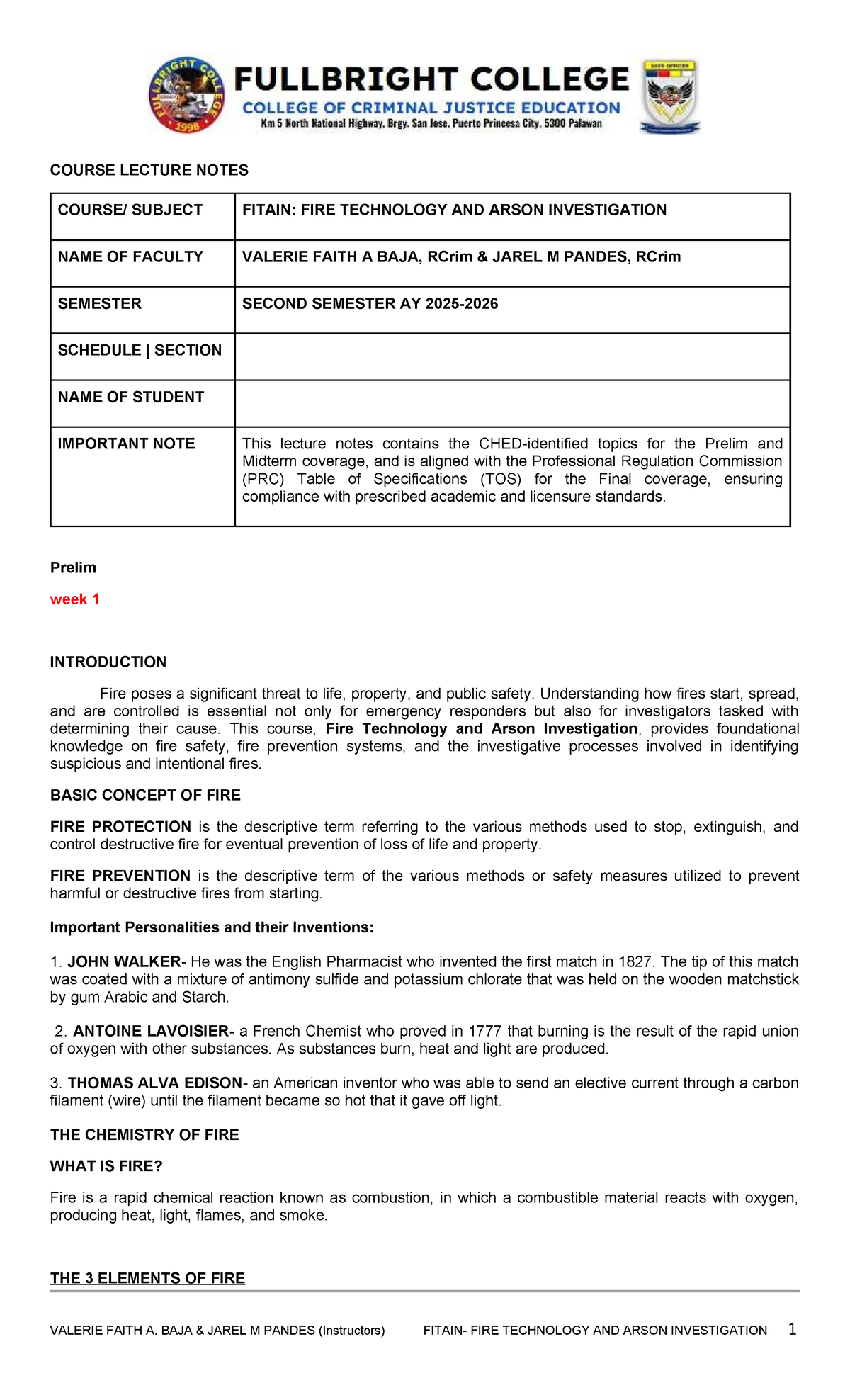 FIRE TECHNOLOGY AND ARSON INVESTIGATION LECTURE NOTES (FITAIN) - Studocu