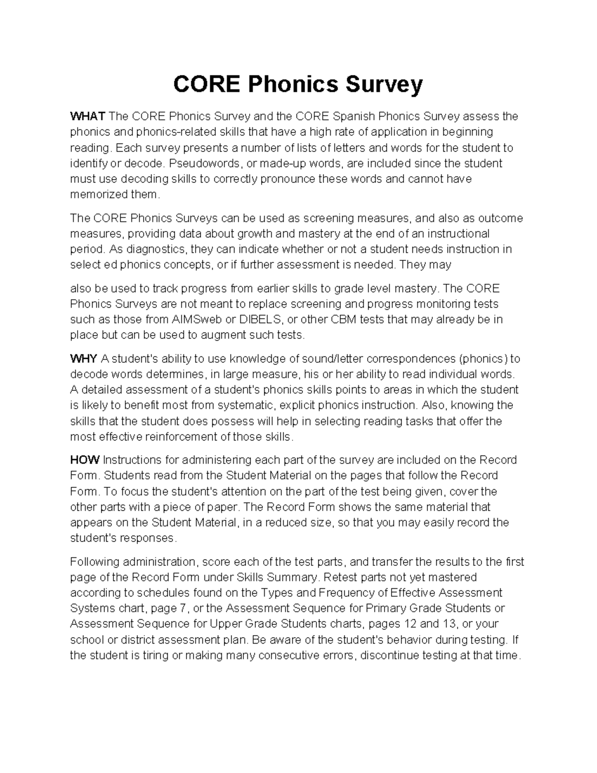 CORE Phonics Survey: Assessment of Phonics Skills for Reading - Studocu