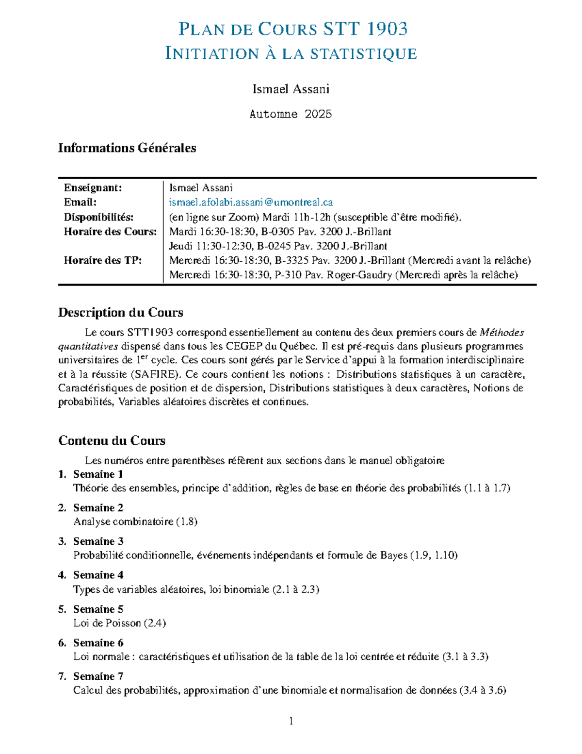 Plan de Cours STT 1903 - Initiation à la Statistique Automne 2025 - Studocu