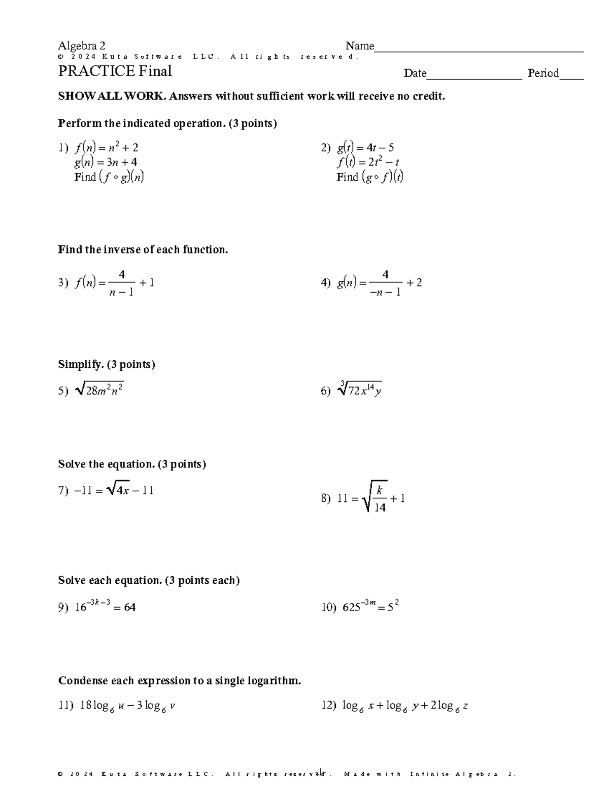 Algebra 2 - PRACTICE Final Exam Worksheet by Kuta Software LLC - Studocu