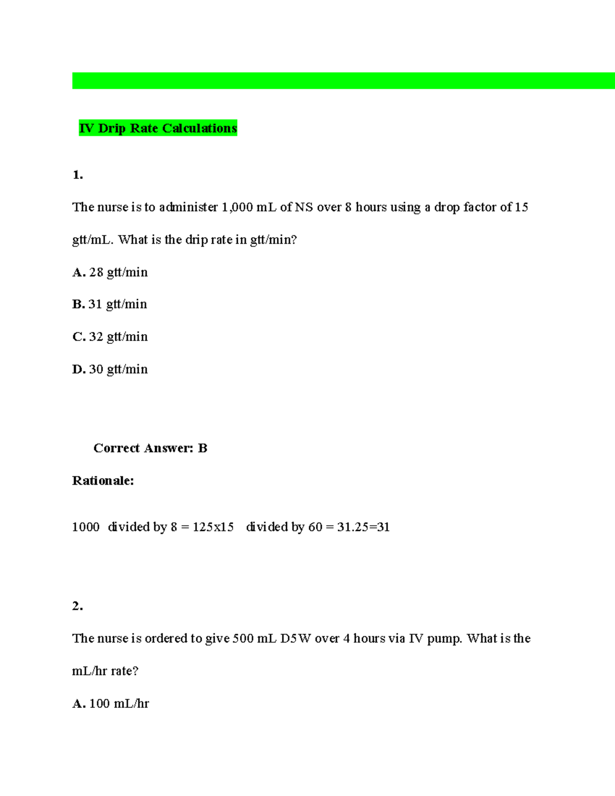 Dosage Calculation Practice Questions for Nursing IV Drip Rates - Studocu