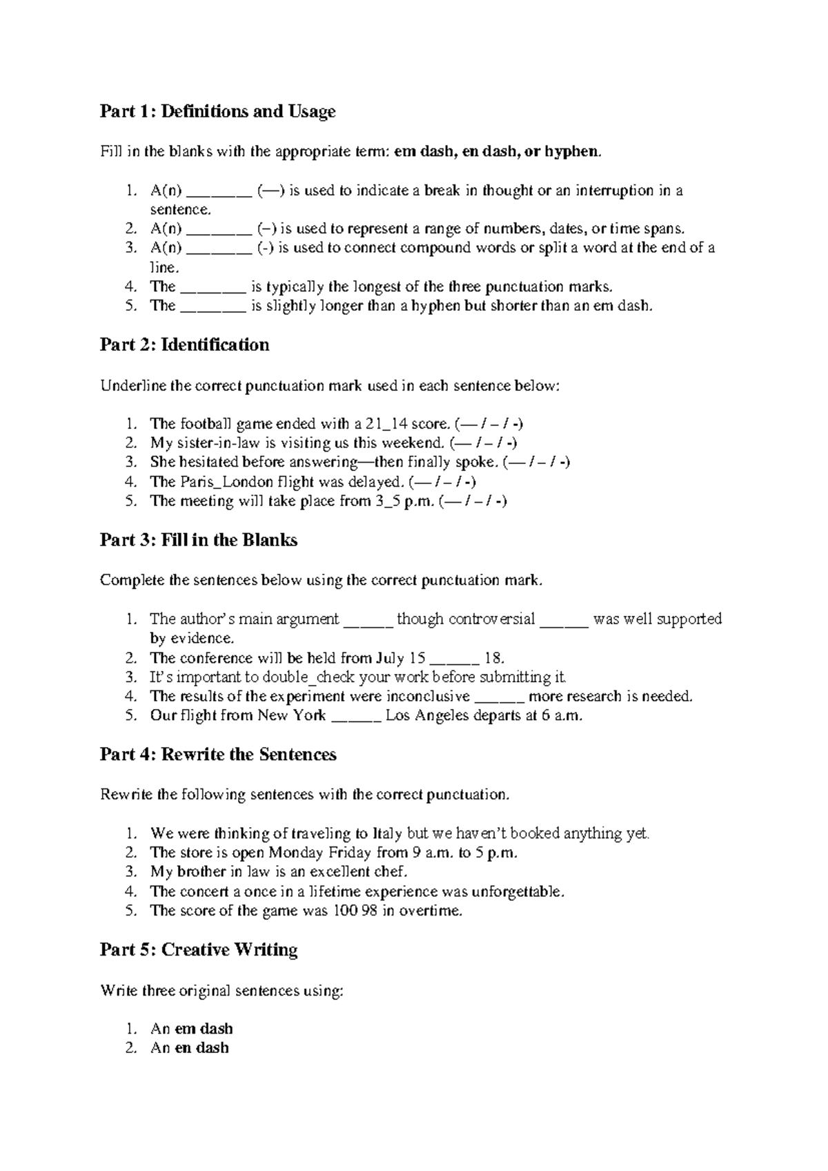 Hyphens, Em Dash & En Dash Worksheet for Language Skills - Studocu